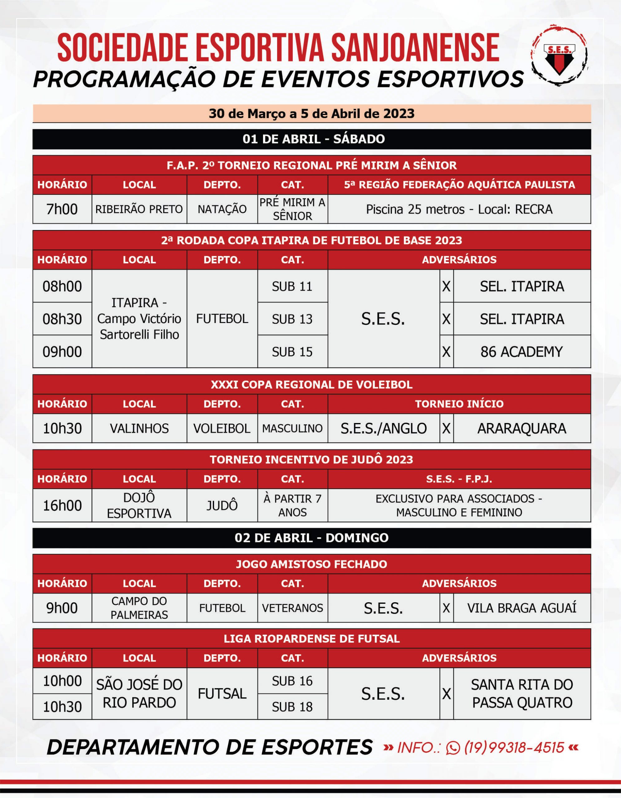 Programação de eventos esportivos - Sociedade Esportiva Sanjoanense